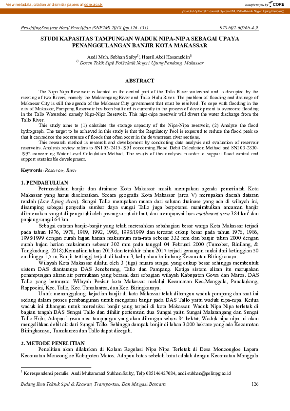 (PDF) Studi Kapasitas Tampungan Waduk Nipa-Nipa Sebagai Upaya Penanggulangan Banjir Kota Makassar