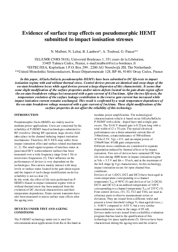 (PDF) Evidence of surface trap effects on pseudomorphic HEMT submitted to impact ionisation stresses