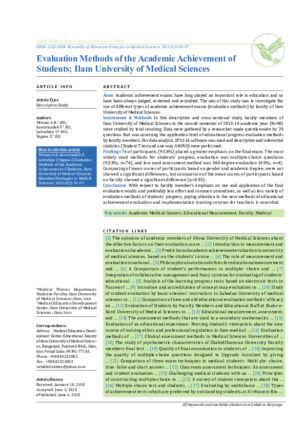 (PDF) Evaluation Methods of the Academic Achievement of Students Ilam ...