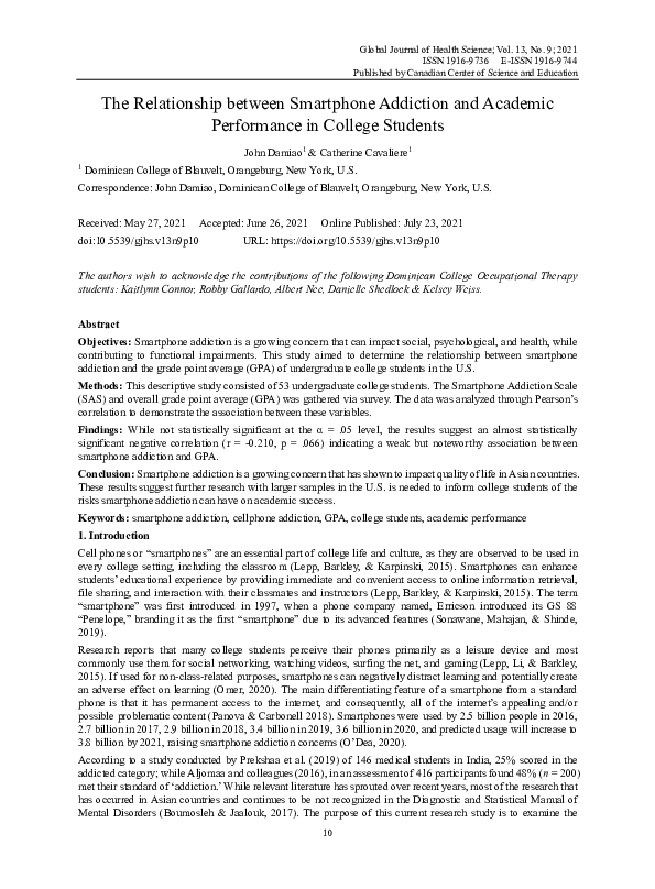 (PDF) The Relationship between Smartphone Addiction and Academic Performance in College Students
