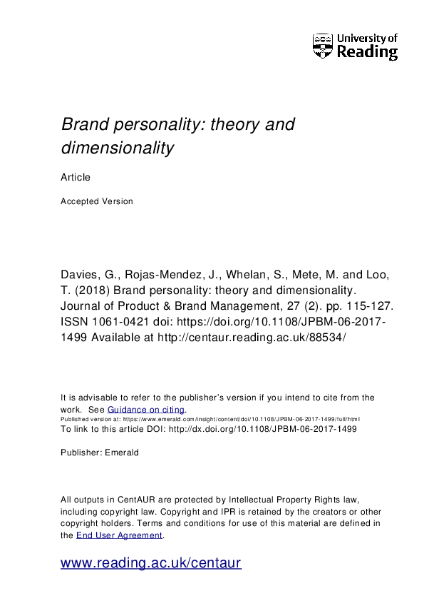 (PDF) Brand personality: theory and dimensionality