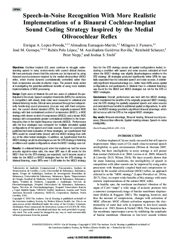 (PDF) Speech-in-Noise Recognition With More Realistic Implementations of a Binaural Cochlear ...