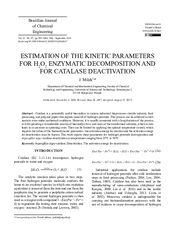 (PDF) Estimation of the Kinetic Parameters for H2O2 Enzymatic Decomposition and for Catalase ...