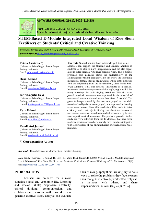 (PDF) STEM-Based E-Module Integrated Local Wisdom of Rice Stem ...