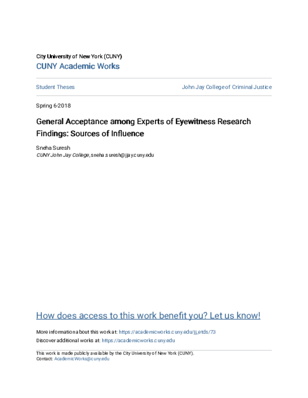 (PDF) General Acceptance among Experts of Eyewitness Research Findings ...