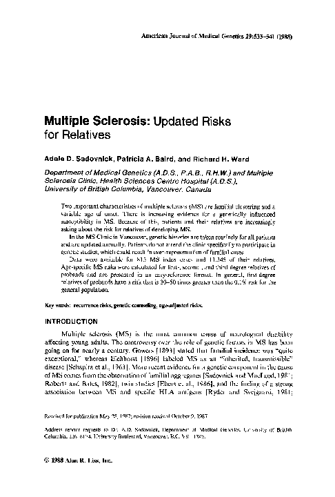 (PDF) Multiple sclerosis. Updated risks for relatives