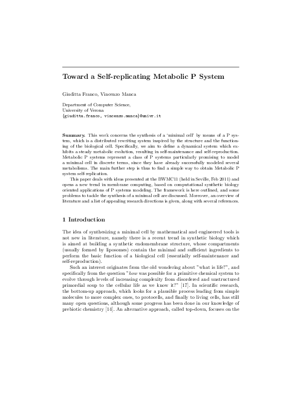 (PDF) Toward a Self-replicating Metabolic P System