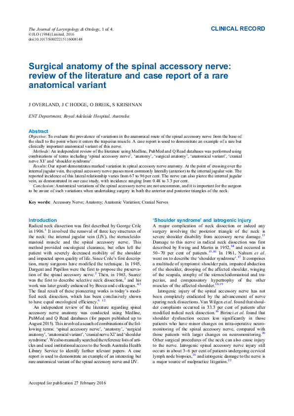(PDF) Surgical anatomy of the spinal accessory nerve: review of the ...