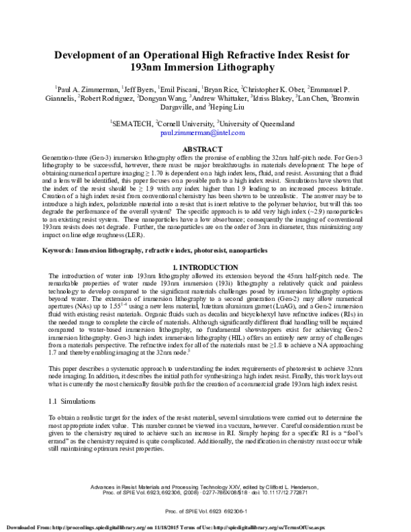 (PDF) Development of an operational high refractive index resist for ...