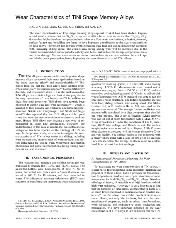 (PDF) Wear characteristics of TiNi shape memory alloys | Kelvin Chen - Academia.edu