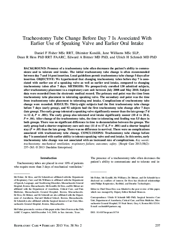 (PDF) Tracheostomy Tube Change Before Day 7 Is Associated With Earlier ...