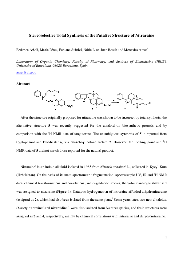 Stereoselective Total Synthesis of the Putative Structure of Nitraraine