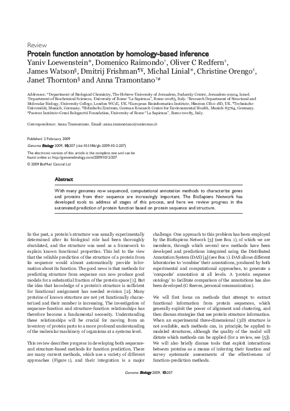(PDF) Protein function annotation by homology-based inference