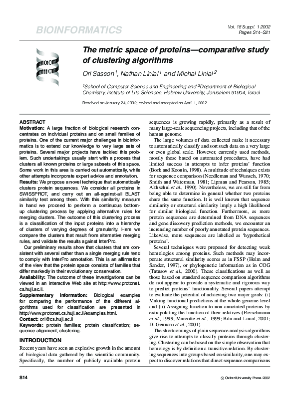 (PDF) The metric space of proteins—comparative study of clustering algorithms