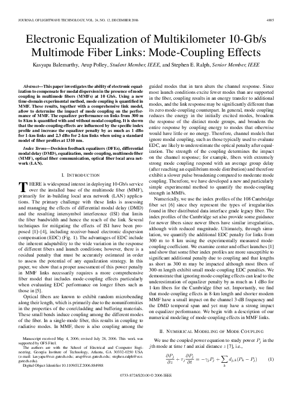 (PDF) Electronic Equalization of Multikilometer 10-Gb/s Multimode Fiber Links: Mode-Coupling ...