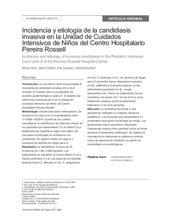 (PDF) Incidencia y etiología de la candidiasis invasiva en la Unidad de ...