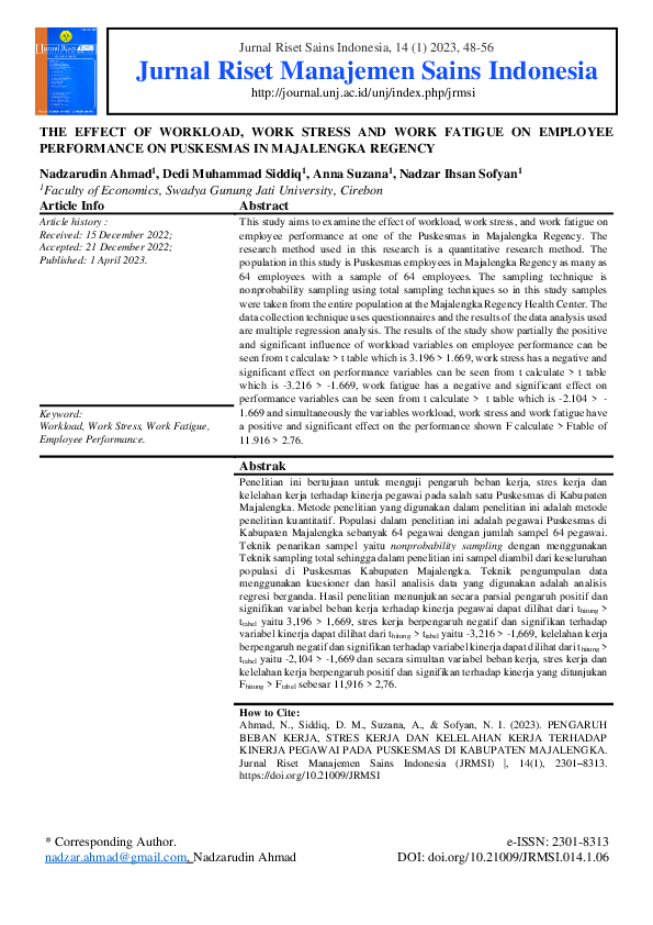 (PDF) The Effect of Workload, Work Stress and Work Fatigue on Employee Performance on Puskesmas ...
