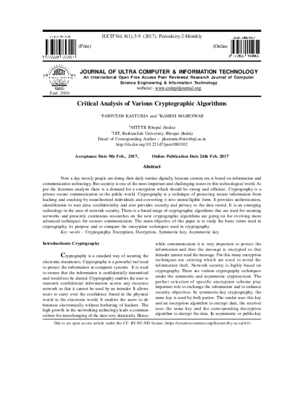 (PDF) Critical Analysis of Various Cryptographic Algorithms (PDF) Critical Analysis of Various Cryptographic Algorithms