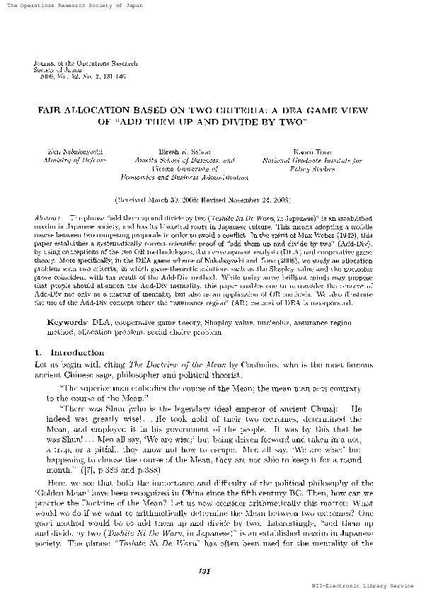 (PDF) FAIR ALLOCATION BASED ON TWO CRITERIA : A DEA GAME VIEW OF "ADD ...