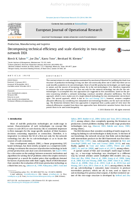 (PDF) Decomposing technical efficiency and scale elasticity in two-stage network DEA | Kaoru ...