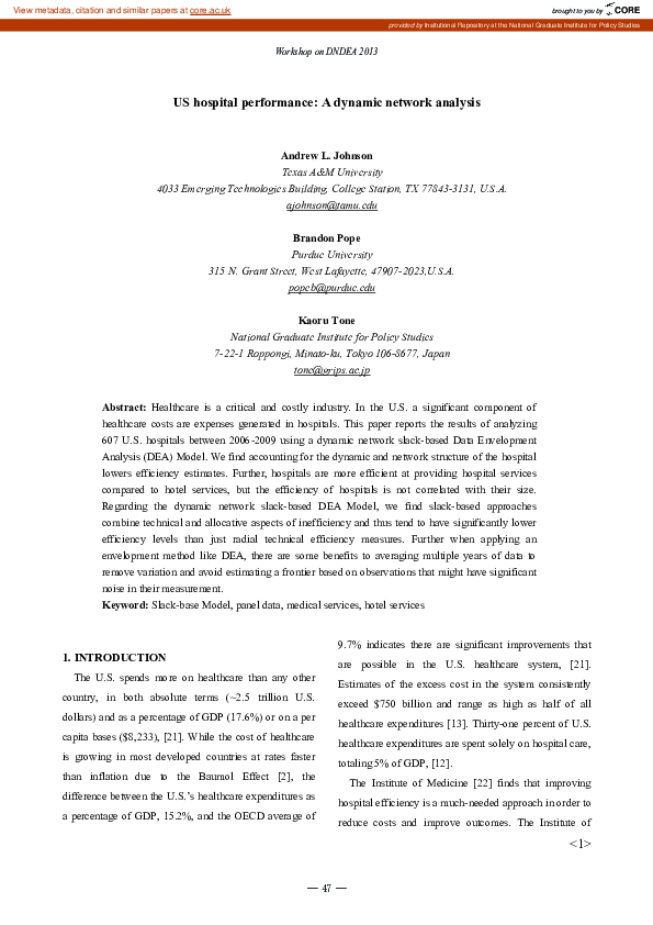 (PDF) US hospital performance: A dynamic network analysis