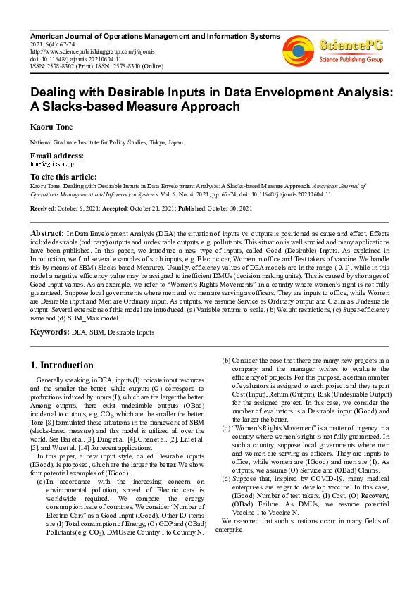 Pdf Dealing With Desirable Inputs In Data Envelopment Analysis A