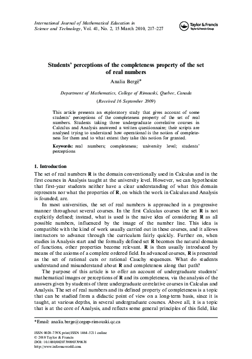 (PDF) Students’ perceptions of the completeness property of the set of ...