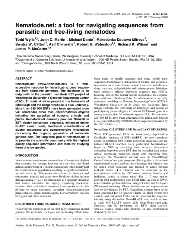 (PDF) Nematode.net: a tool for navigating sequences from parasitic and ...