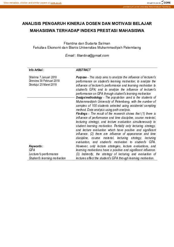 (PDF) Analisis Pengaruh Kinerja Dosen dan Motivasi Belajar Mahasiswa Terhadap Indeks Prestasi ...