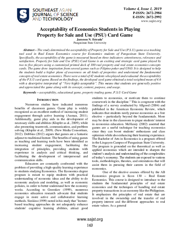 (PDF) Acceptability of Economics Students in Playing Property for Sale ...