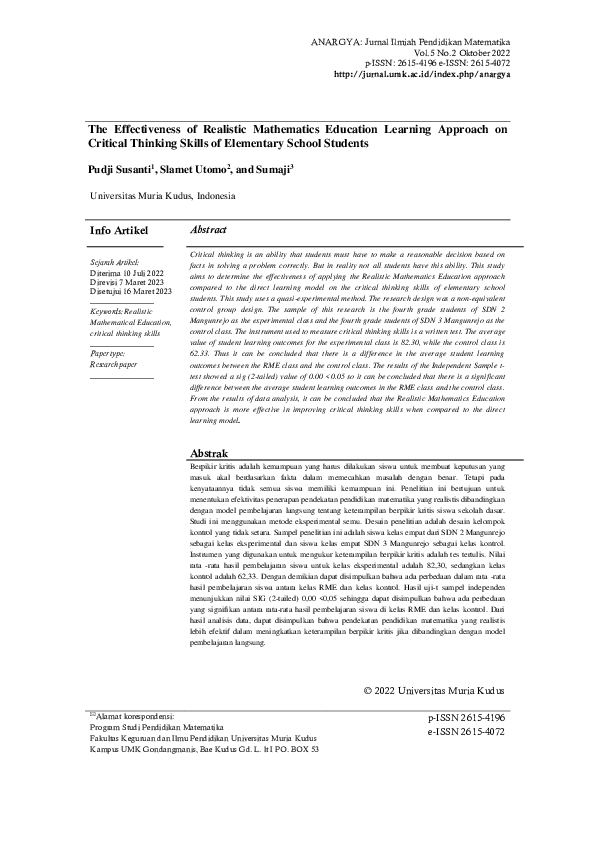 (PDF) The Effectiveness of Realistic Mathematics Education Learning Approach on Critical ...