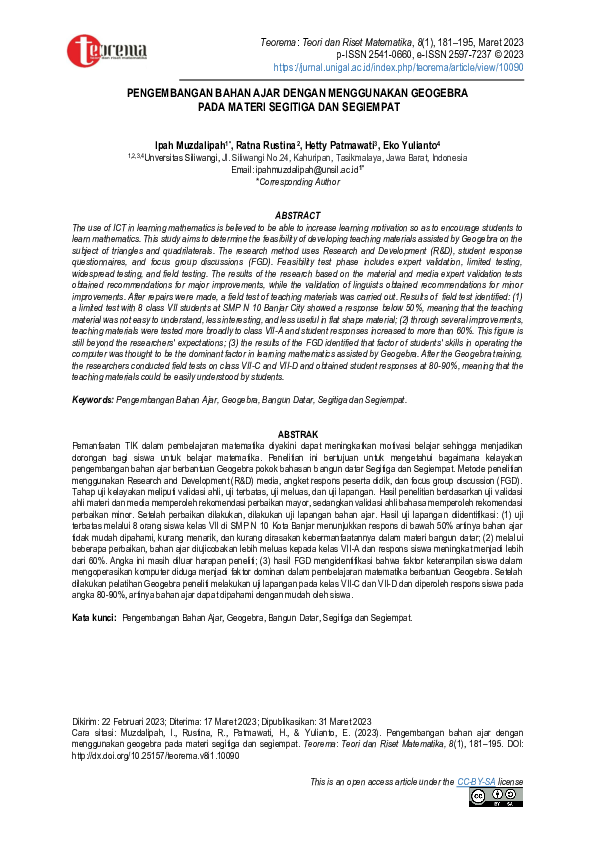 (PDF) Pengembangan Bahan Ajar Dengan Menggunakan Geogebra Pada Materi Segitiga Dan Segiempat