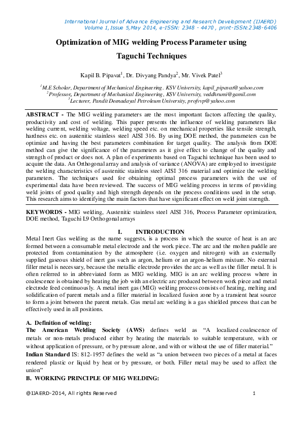 (PDF) Optimization of MIG welding Process Parameter using Taguchi Techniques