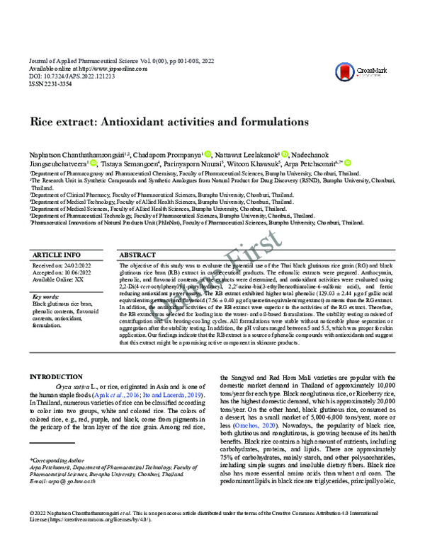 (PDF) Rice extract: Antioxidant activities and formulations