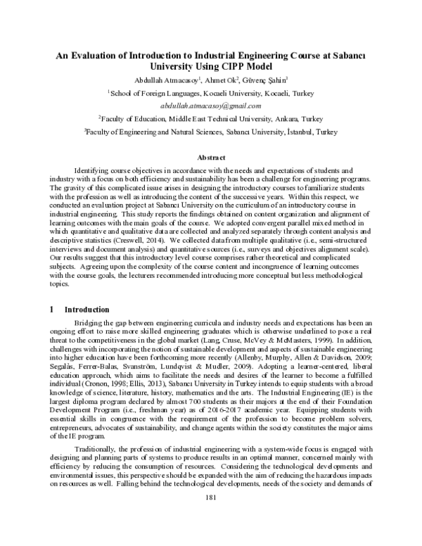 (PDF) An evaluation of introduction to industrial engineering course at Sabanci University using ...