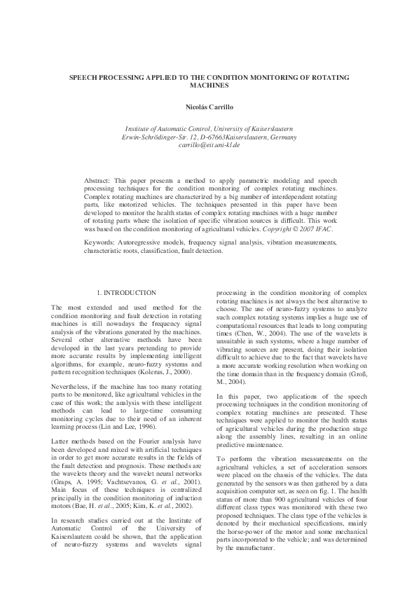 (PDF) Speech Processing Applied to the Condition Monitoring of Rotating Machines