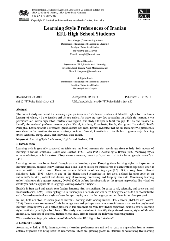 (PDF) Learning Style Preferences of Iranian EFL High School Students