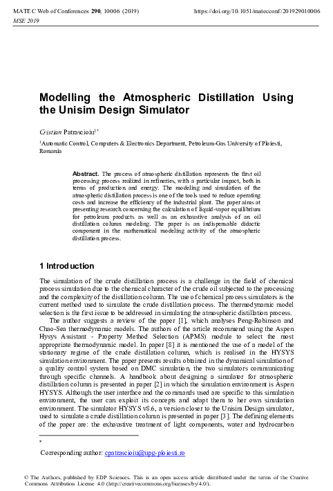 (PDF) Modelling the Atmospheric Distillation Using the Unisim Design Simulator