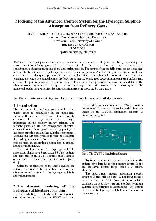 (PDF) Modeling of the Advanced Control System for the Hydrogen Sulphide Absorption from Refinery ...