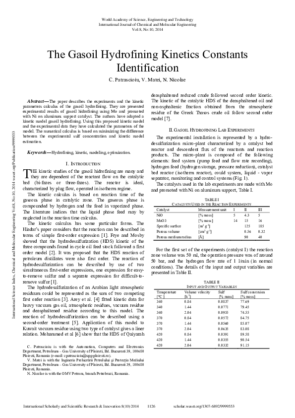 (PDF) The Gasoil Hydrofining Kinetics Constants Identification