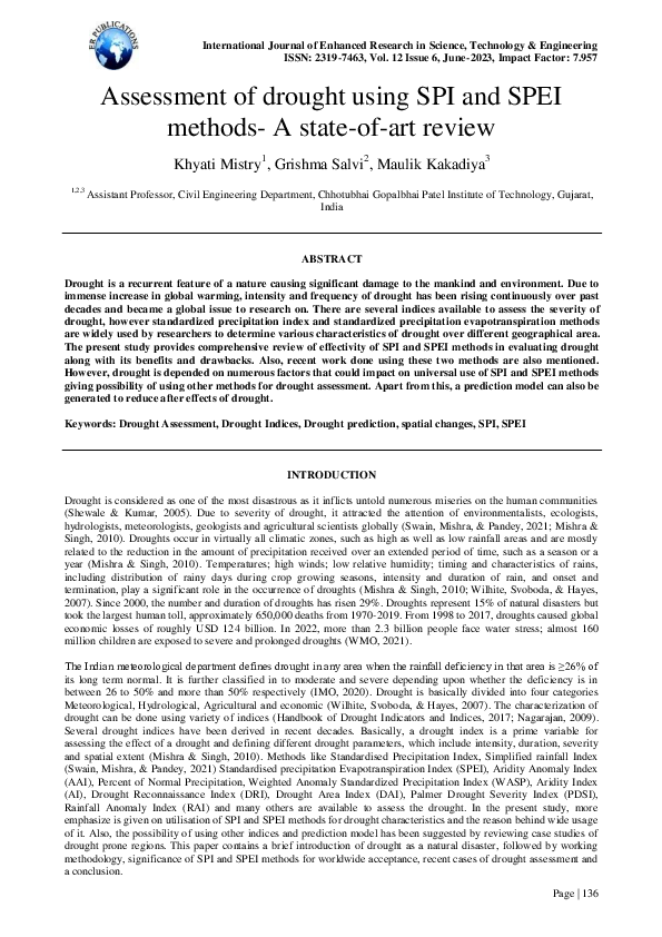 (PDF) Assessment of drought using SPI and SPEI methods- A state-of-art review | Khyati Mistry ...