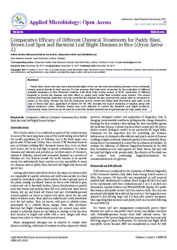 (PDF) Comparative Efficacy of Different Chemical Treatments for Paddy Blast, Brown Leaf Spot and ...