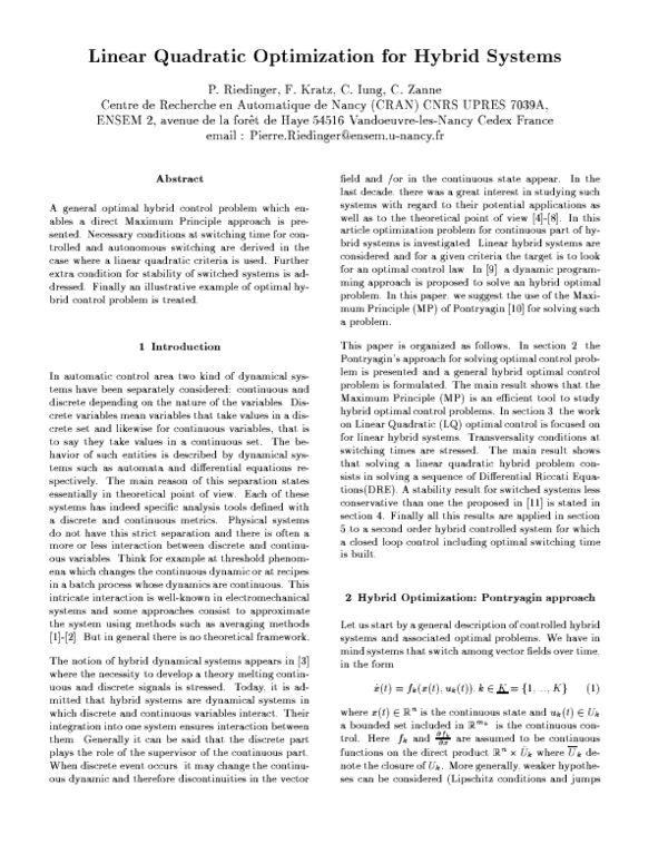 (PDF) Linear quadratic optimization for hybrid systems