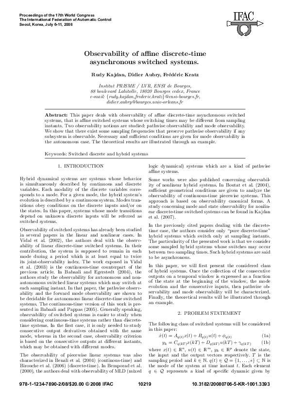 (PDF) Observability of affine discrete-time asynchronous switched systems