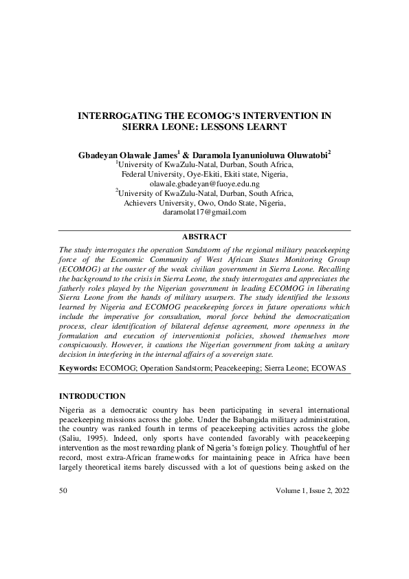 (PDF) INTERROGATING THE ECOMOG'S INTERVENTION IN SIERRA LEONE: LESSONS ...