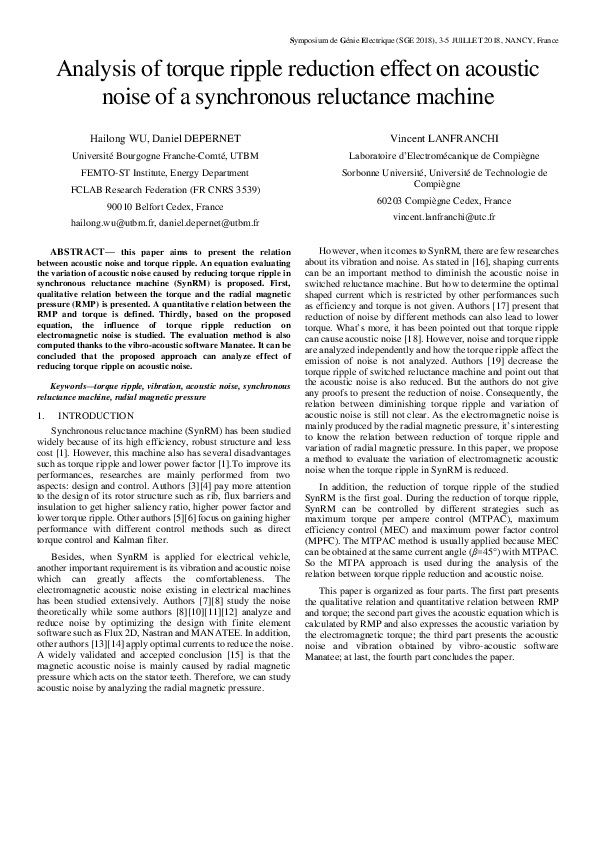 Pdf Analysis Of Influence Of Torque Ripple Reduction On Acoustic Noise Of A Synchronous