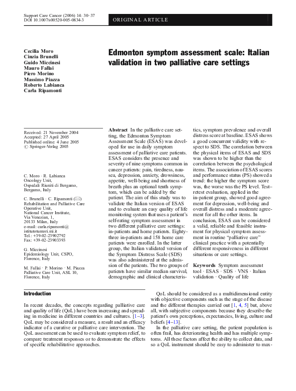 (PDF) Edmonton symptom assessment scale: Italian validation in two ...