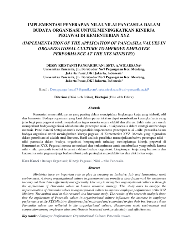 (PDF) IMPLEMENTASI PENERAPAN NILAI-NILAI PANCASILA DALAM BUDAYA ORGANISASI UNTUK MENINGKATKAN ...