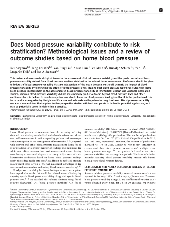 (PDF) Does blood pressure variability contribute to risk stratification? Methodological issues ...