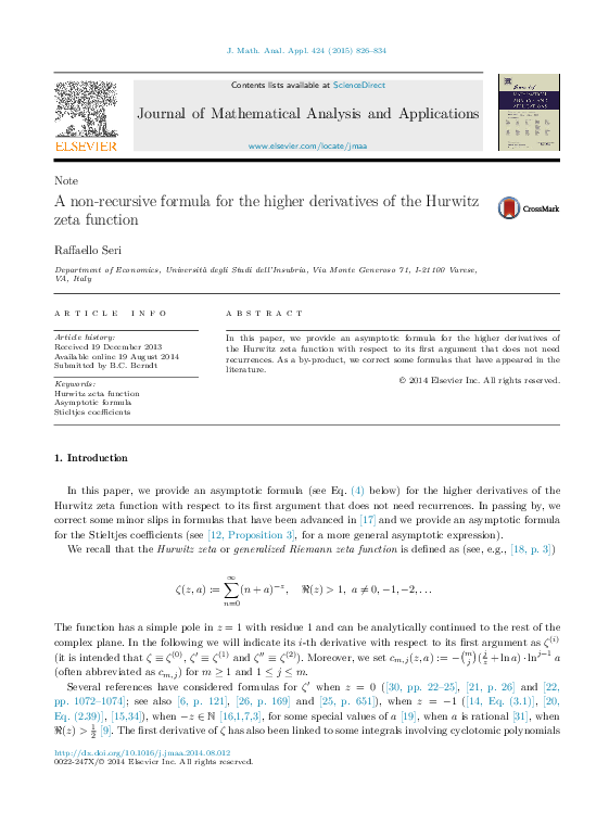 (PDF) A non-recursive formula for the higher derivatives of the Hurwitz ...